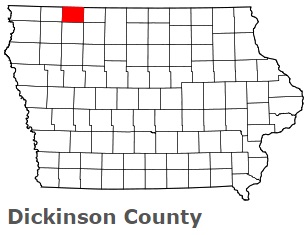 Dickinson County on the map of Iowa 2025. Cities, roads, borders and ...