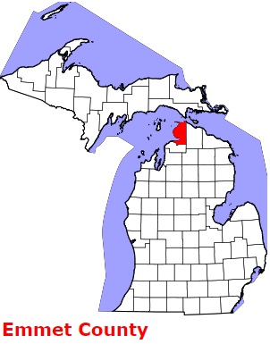 Emmet County on the map of Michigan 2024. Cities, roads, borders and ...