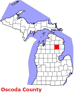 Oscoda County on the map of Michigan 2024. Cities, roads, borders and ...