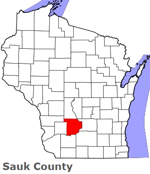 Sauk County on the map of Wisconsin 2024. Cities, roads, borders and ...