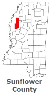 Sunflower County on the map of Mississippi 2024. Cities, roads, borders and directions in ...